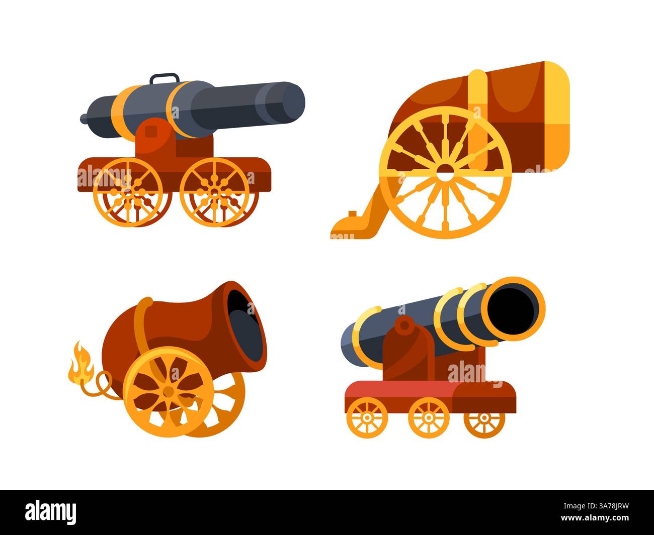 Set of vintage cannons shooting with fire and smoke on wheels Stock ...
