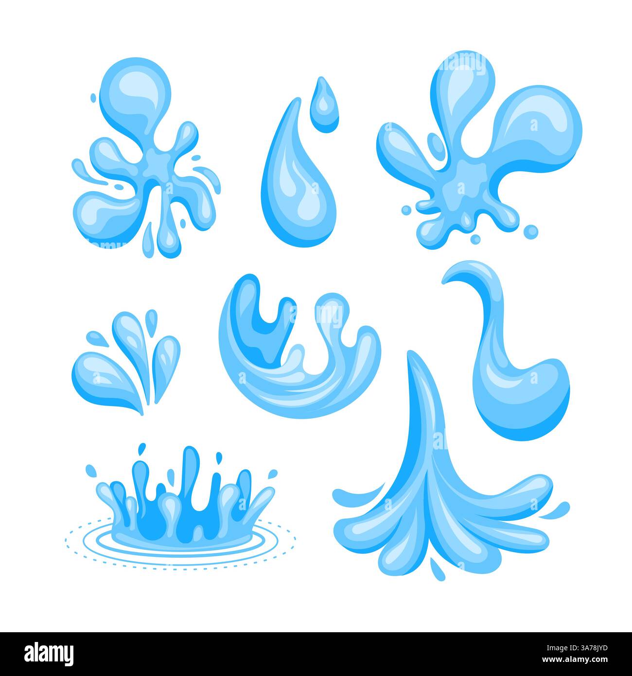 Set of blue water splashes flowing and splashing making different ...