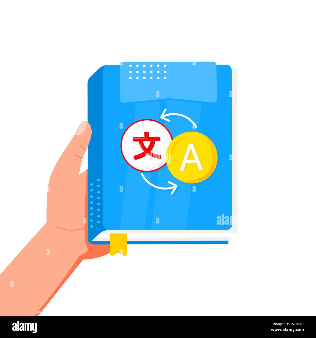 Hand holding book with language translation symbols, learning new ...