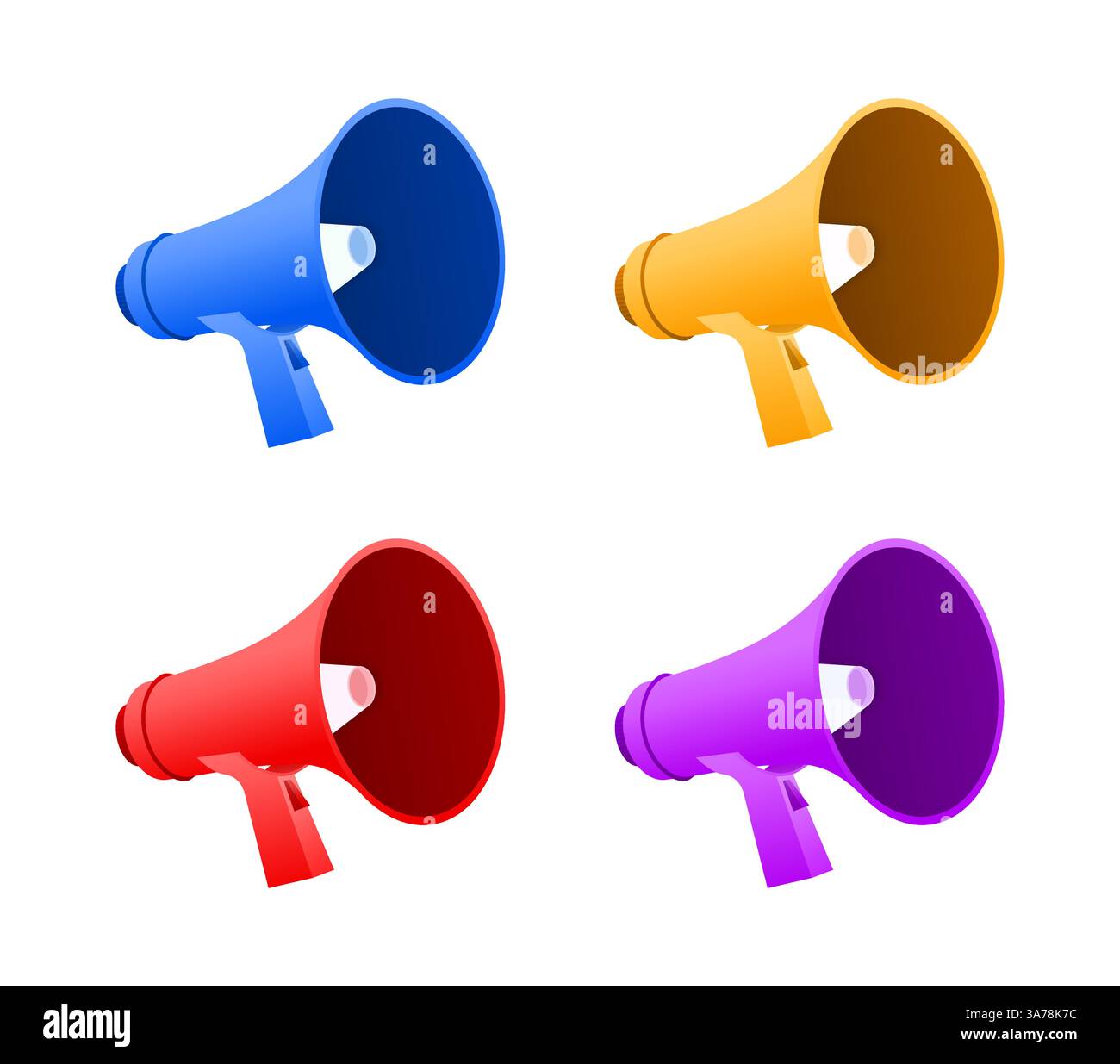 Colorful megaphones making announcement on white background Stock ...