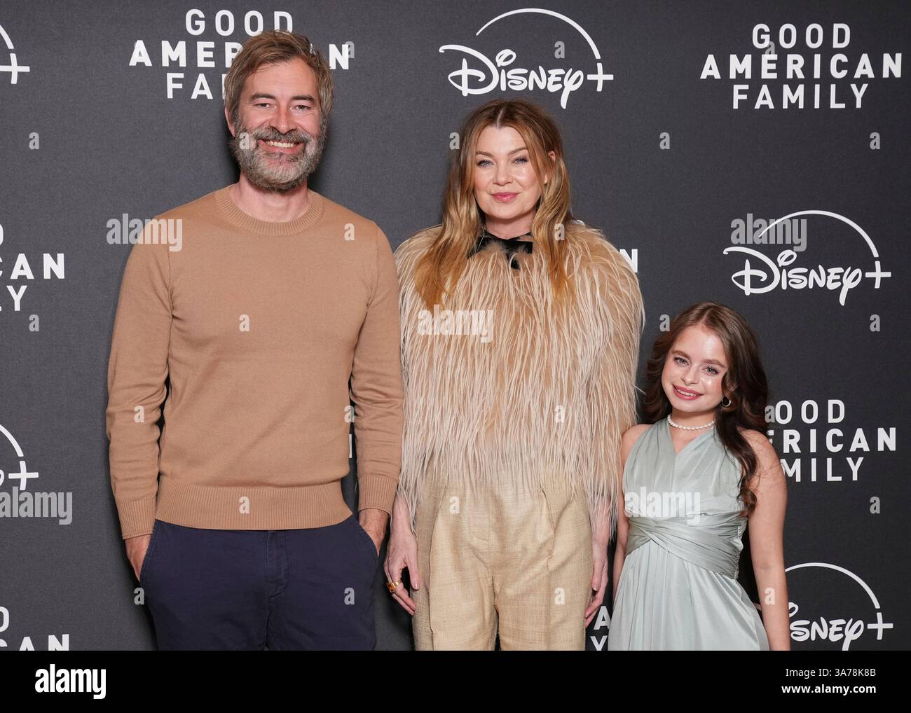 Mark Duplass, Ellen Pompeo, and Imogen Faith Reid pose for ...
