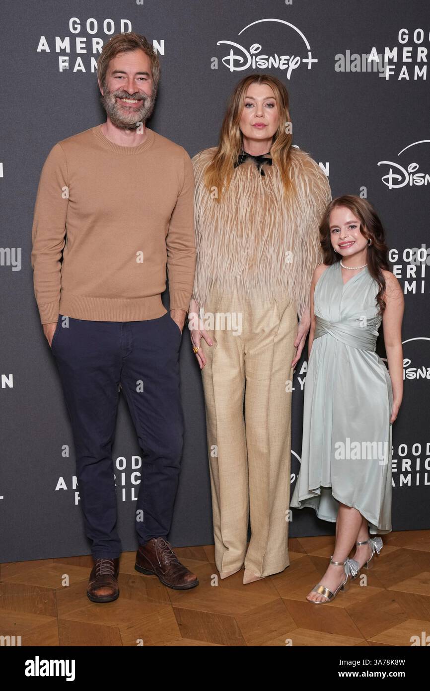 Mark Duplass, Ellen Pompeo, and Imogen Faith Reid pose for ...