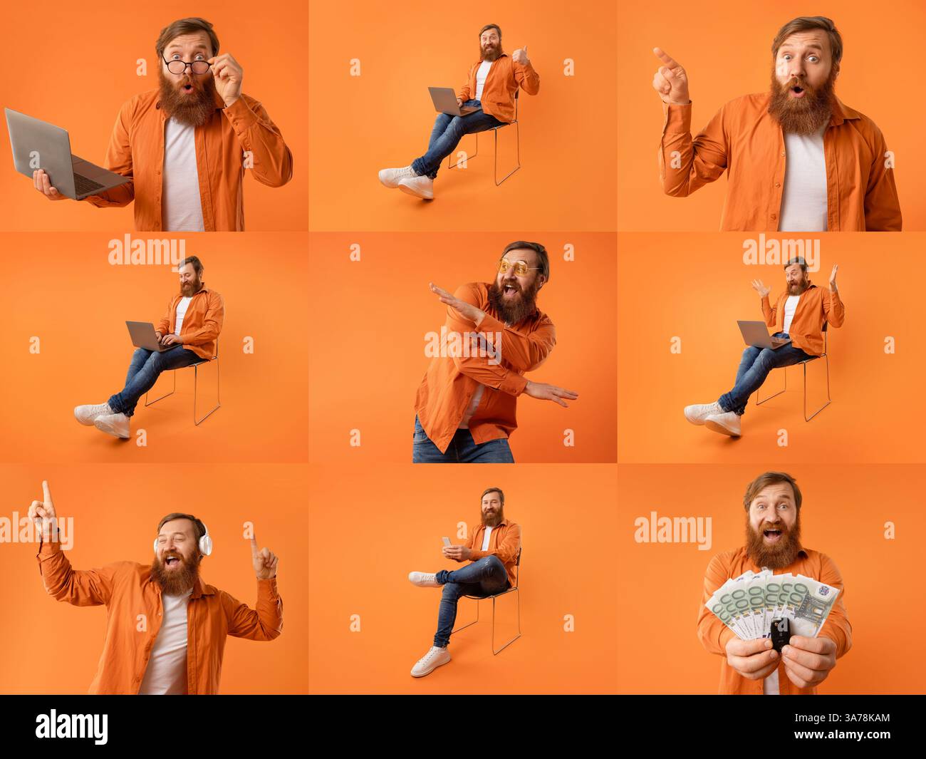 Diverse expressions of a man in various poses against an orange ...