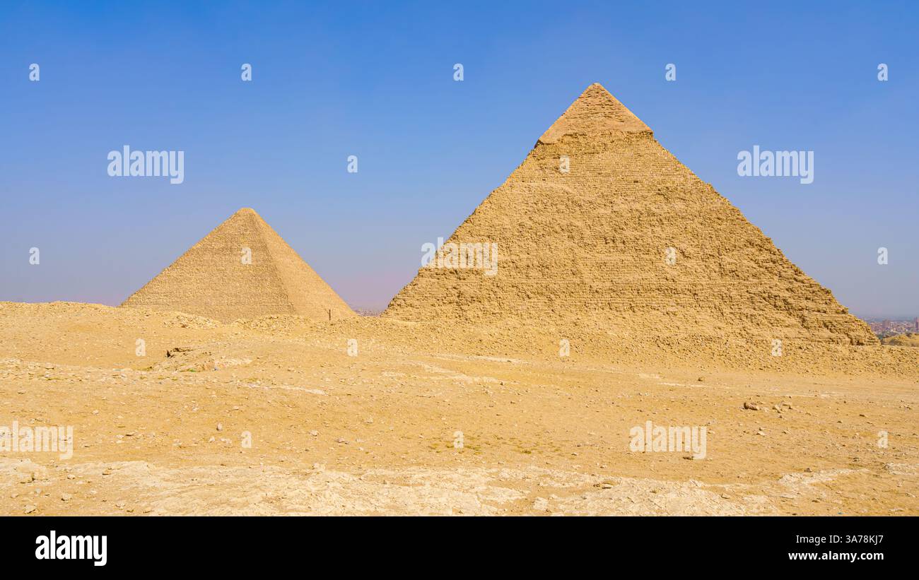 Giza, Egypt, Panoramic view of two of great Pyramids, Cheops and ...
