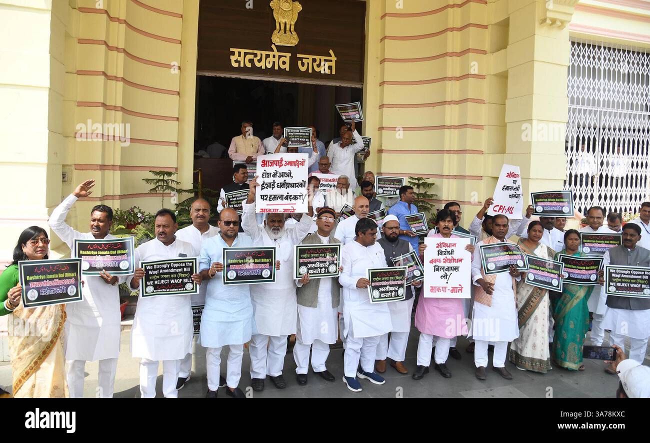 Patna, India. 26th Mar, 2025. PATNA, INDIA - MARCH 26: RJD legislators demonstrating during ...