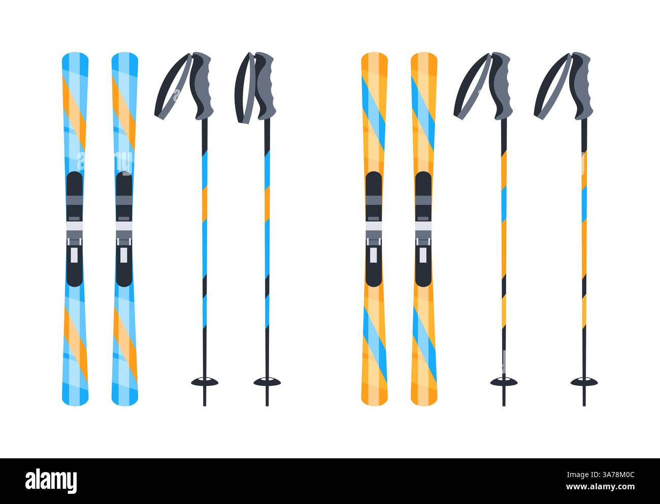 Pairs of blue and orange mountain skis and ski poles standing upright ...