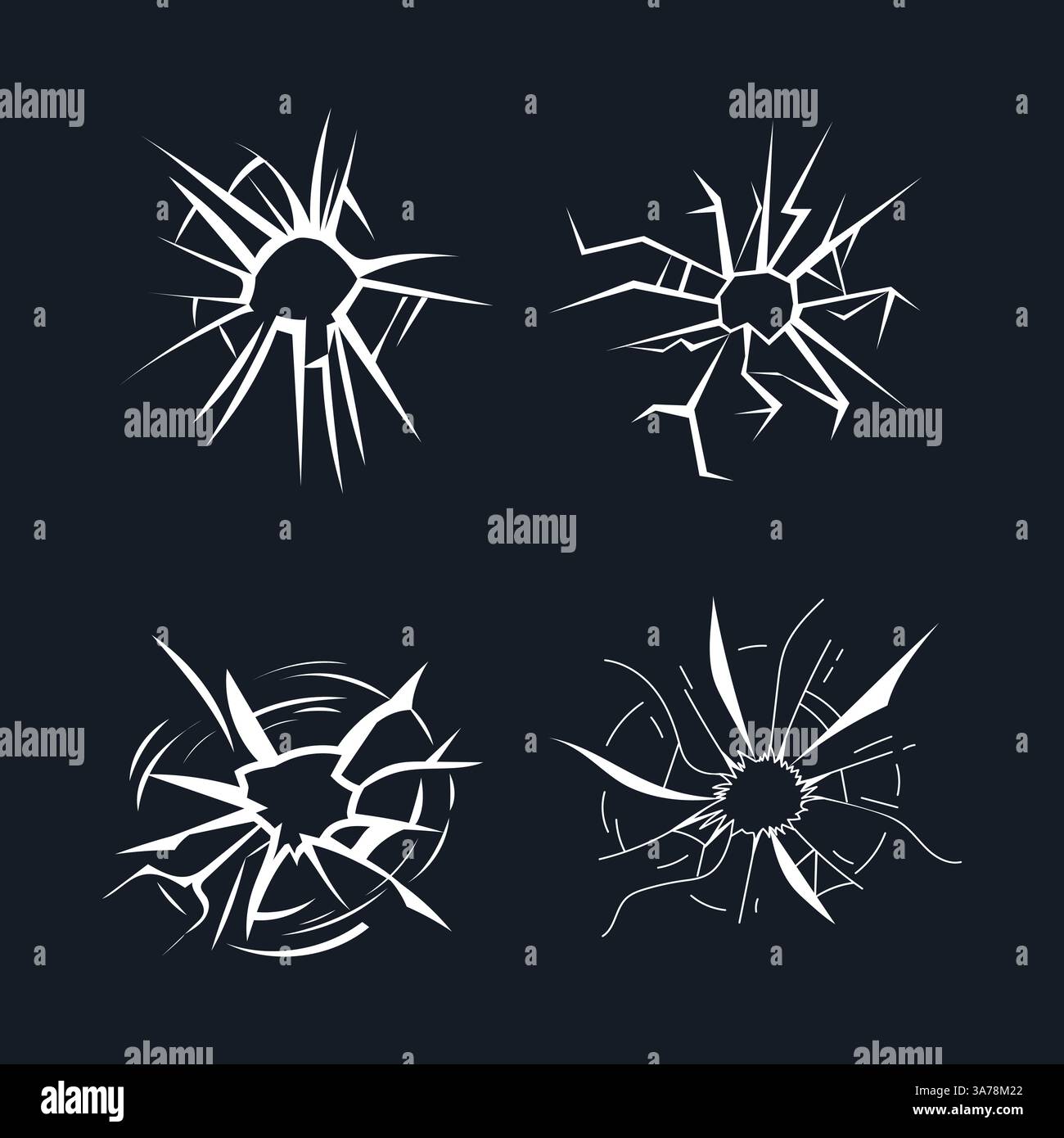 Set of radial cracks showing broken glass on dark background Stock ...