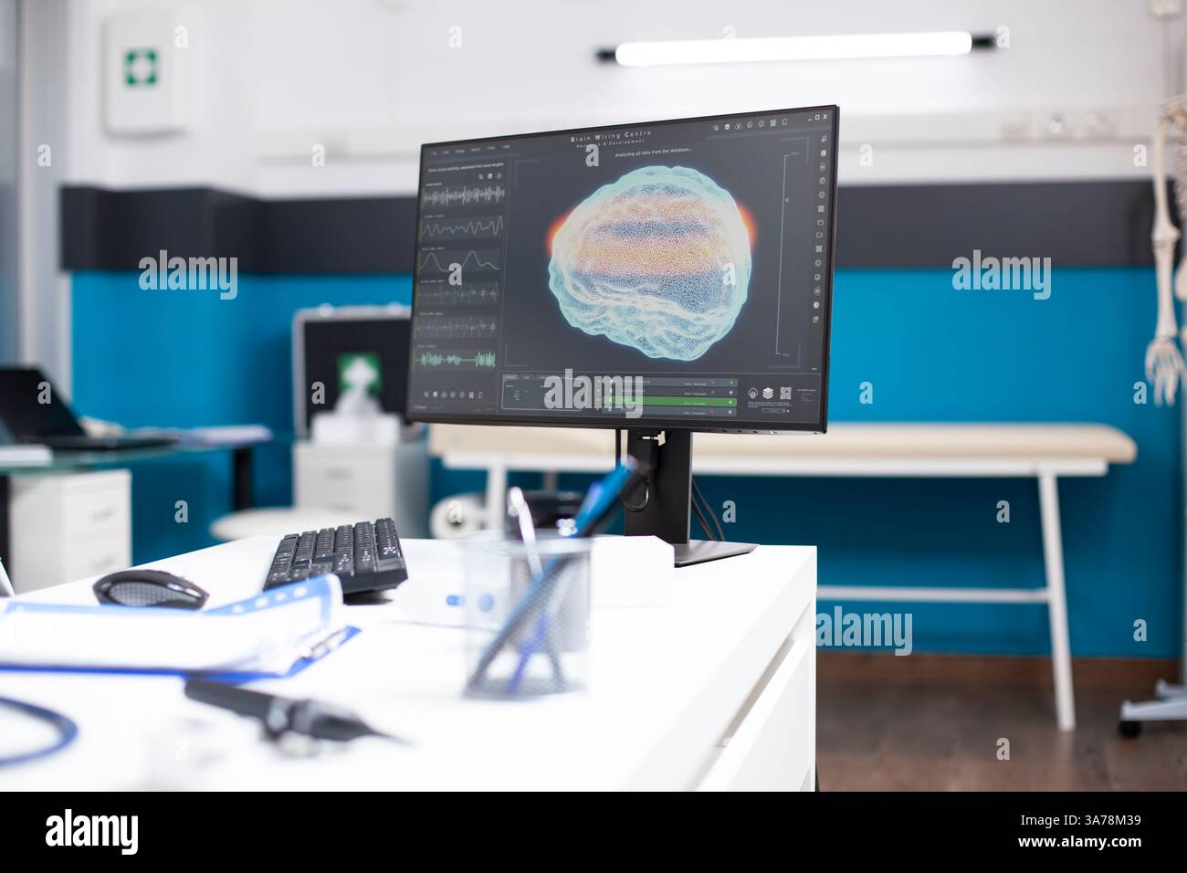 Medical office with no staff has computer monitor displaying brain ...