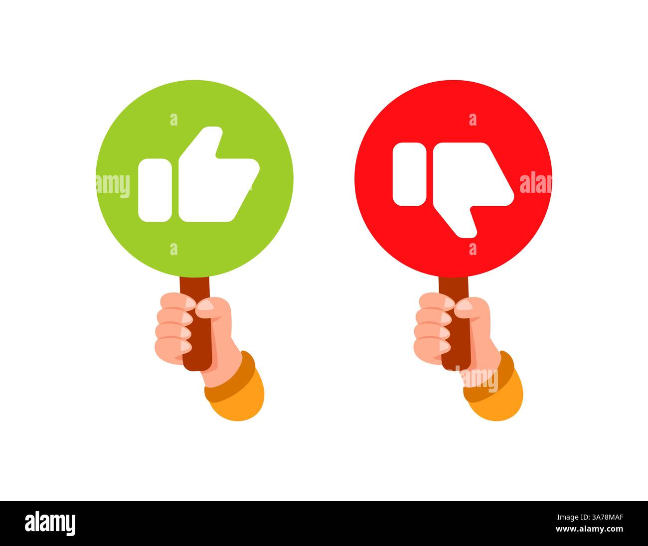 Hands holding thumbs up and down signs for voting or feedback Stock ...