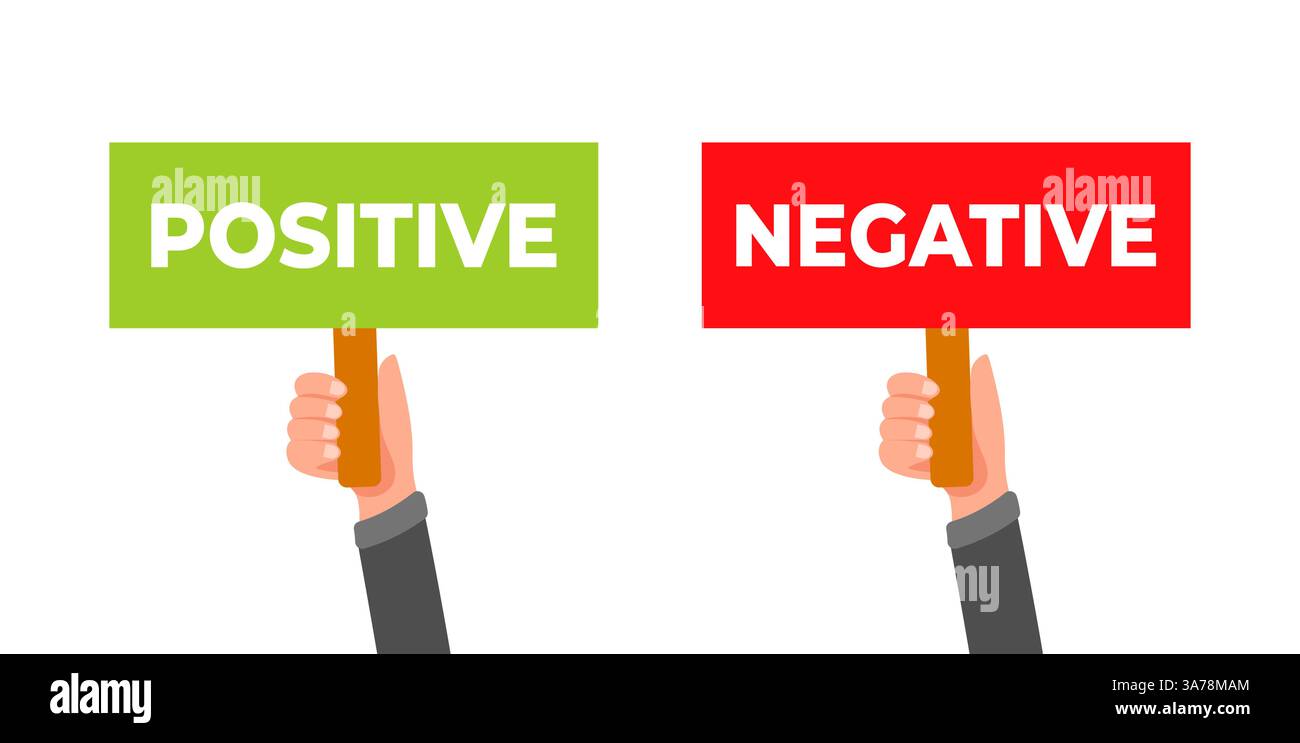 Businessman hands holding positive and negative signs banners placards ...