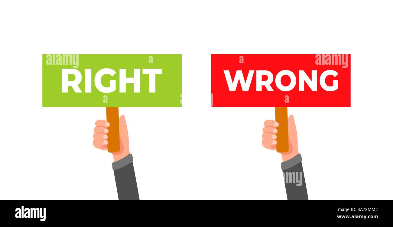 Businessman hands holding right and wrong signs banners placards Stock ...