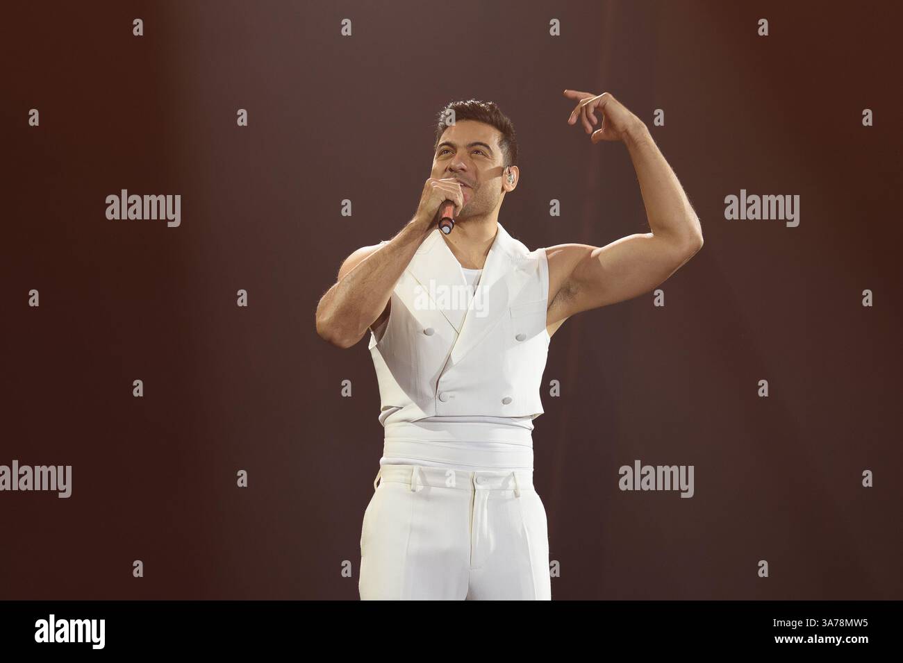 Madrid, Spain. 26th Mar, 2025. Mexican singer Carlos Rivera performs during a concert at the ...