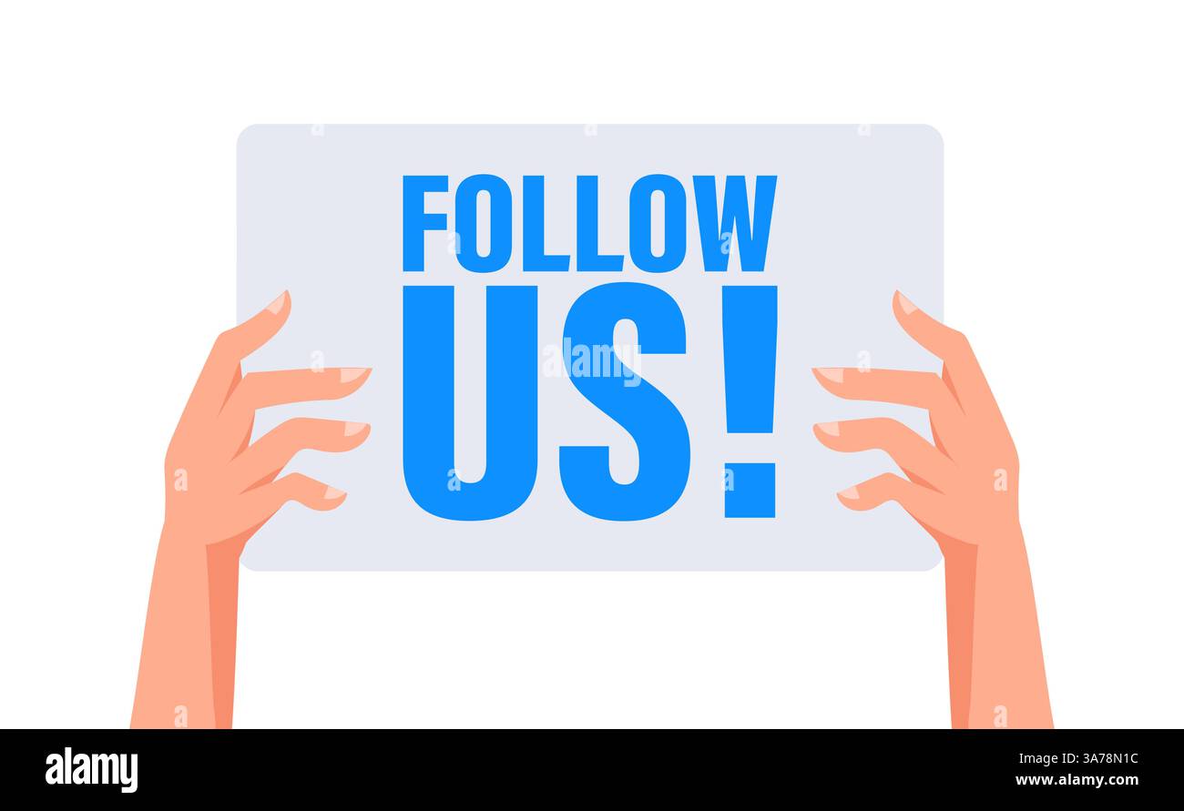 Woman hands holding follow us sign on white background Stock Vector ...