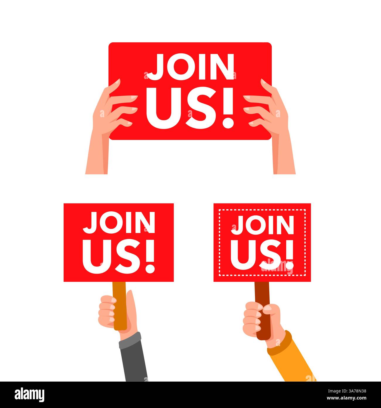 Hands holding join us signs encouraging people to become members Stock ...