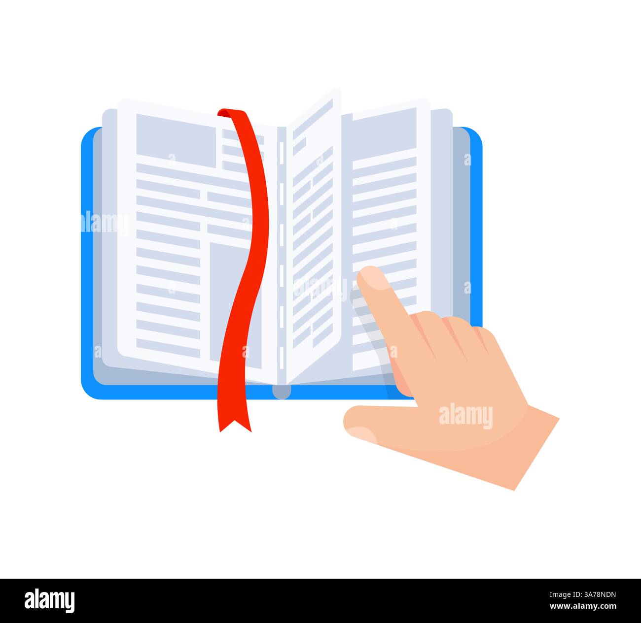 Hand pointing at open book with red bookmark, reading and studying ...