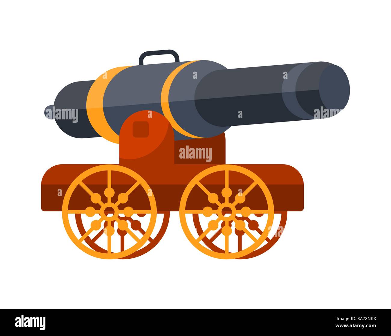 Large cannon placed on a wheeled carriage, ready to fire, isolated on ...