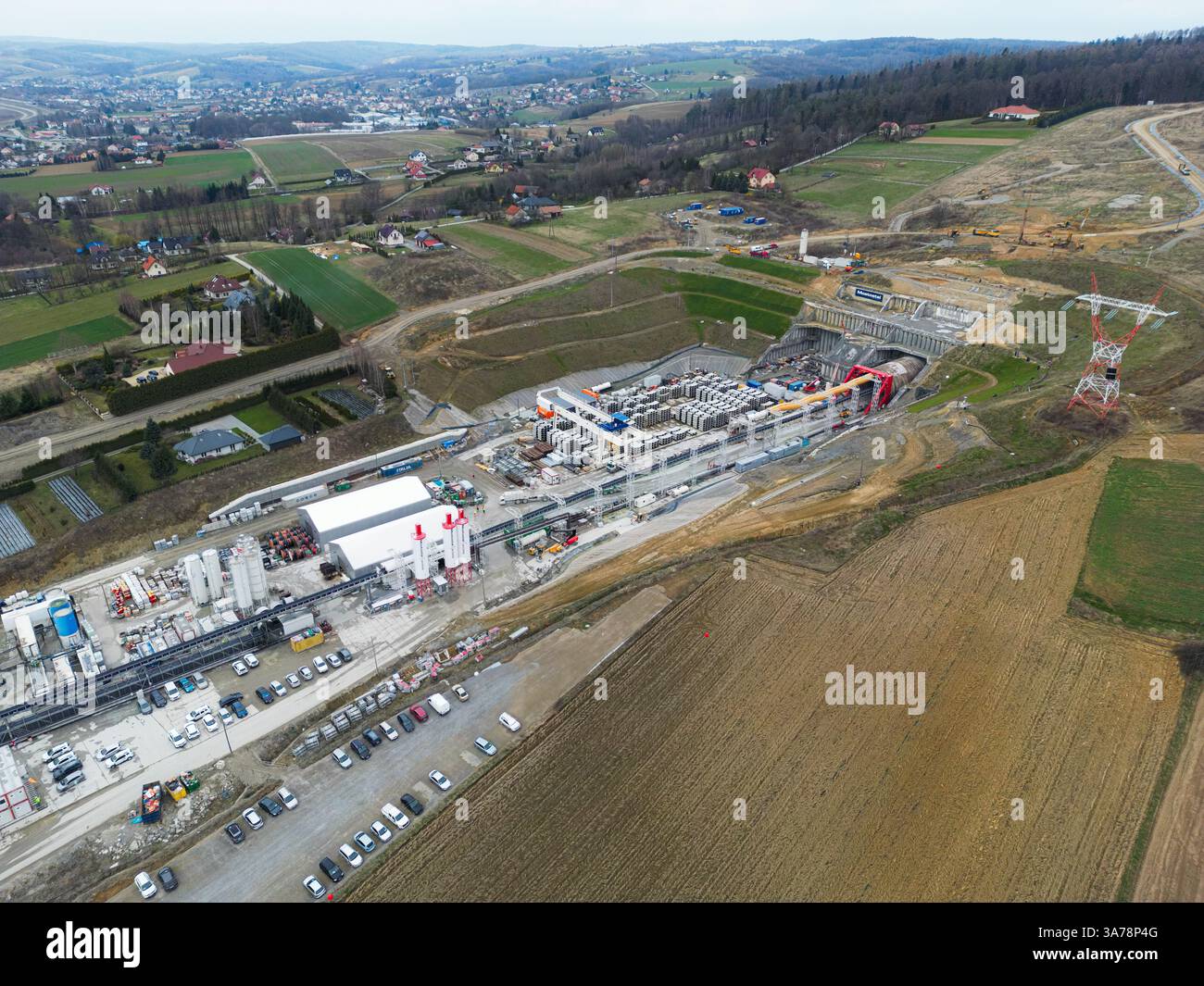Aerial drone view of the Polish Via Carpathia S19 road tunnel ...