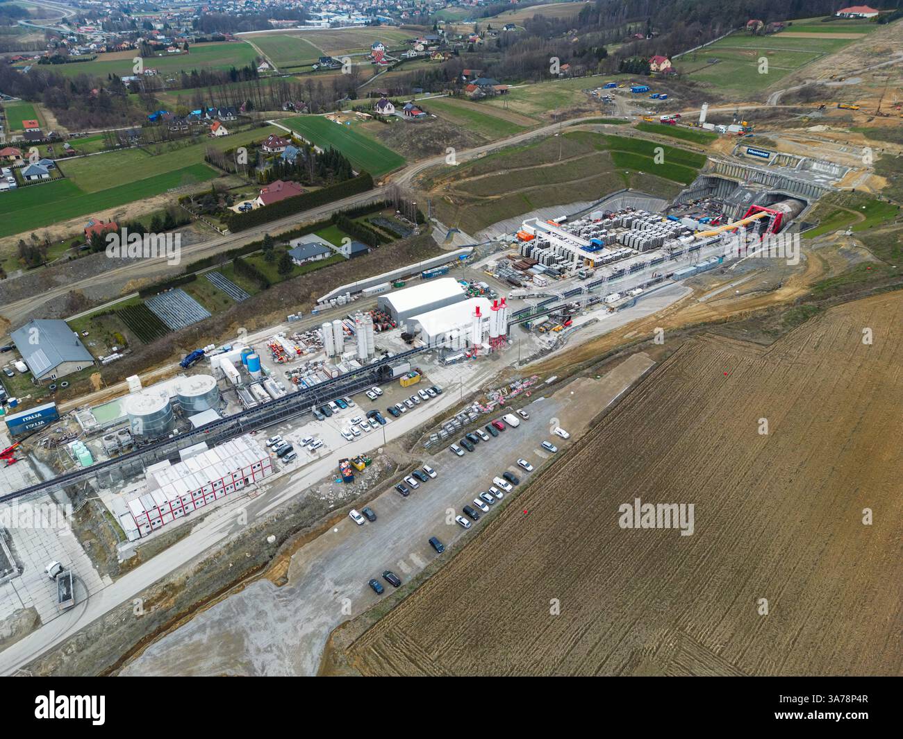 Aerial drone view of the Polish Via Carpathia S19 road tunnel ...