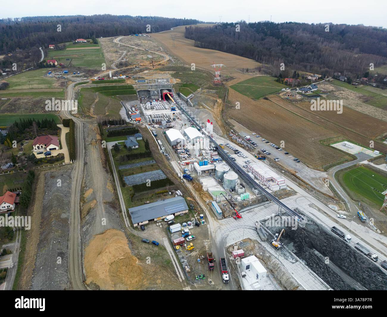 Aerial drone view of the Polish Via Carpathia S19 road tunnel ...