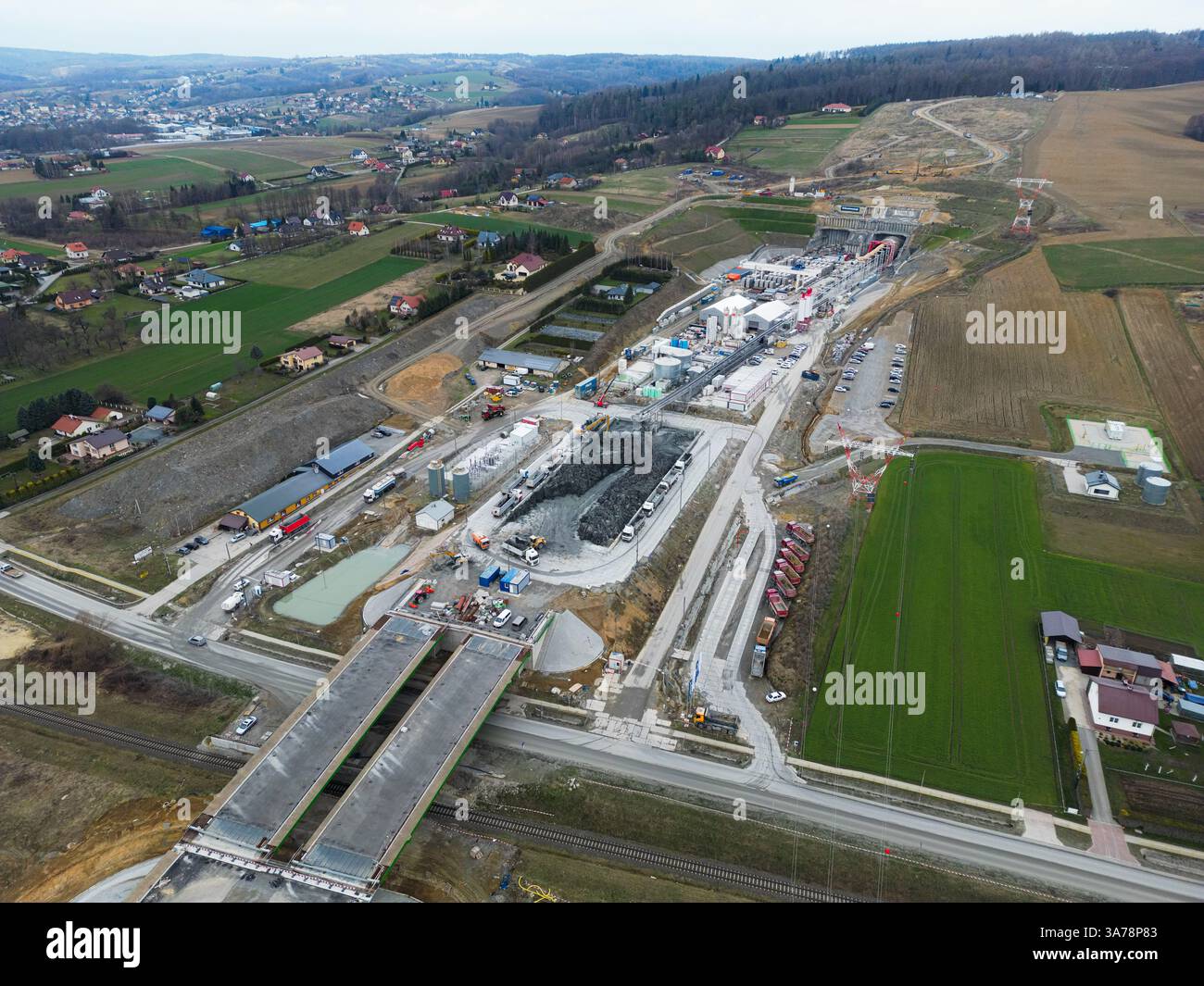 Aerial drone view of the Polish Via Carpathia S19 road tunnel ...