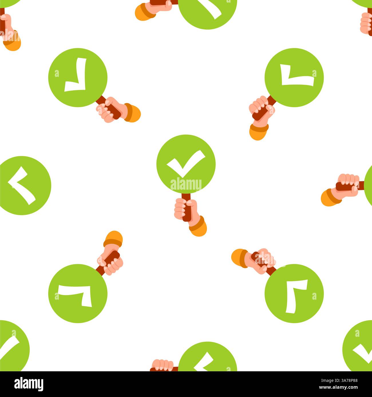 Hands holding green signs with check marks, seamless pattern background ...