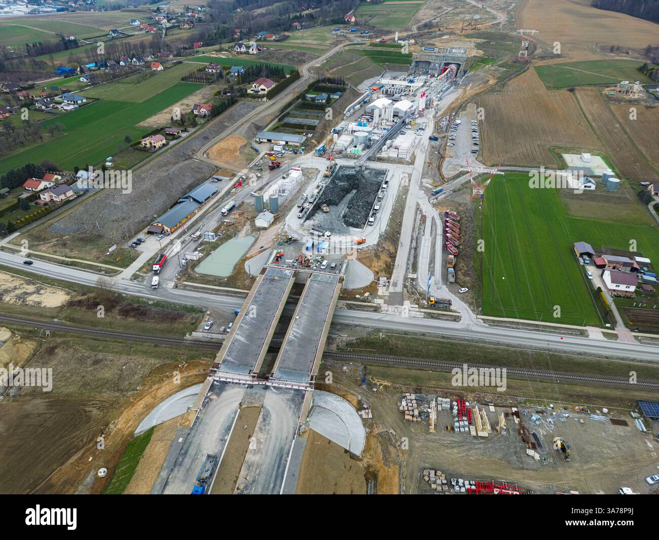 Aerial drone view of the Polish Via Carpathia S19 road tunnel ...