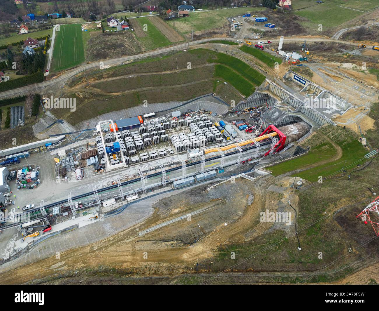 Aerial drone view of the Polish Via Carpathia S19 road tunnel ...