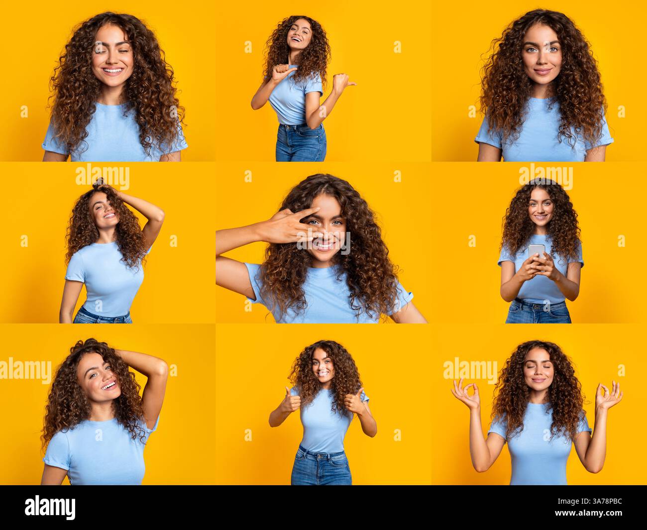 Diverse individuals expressing emotions in a bright yellow backdrop ...