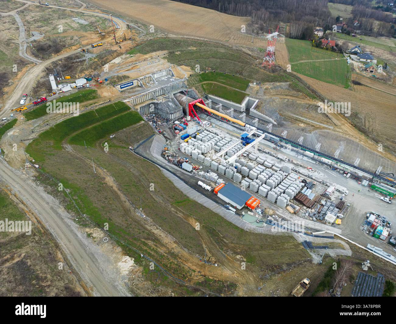 Aerial drone view of the Polish Via Carpathia S19 road tunnel ...