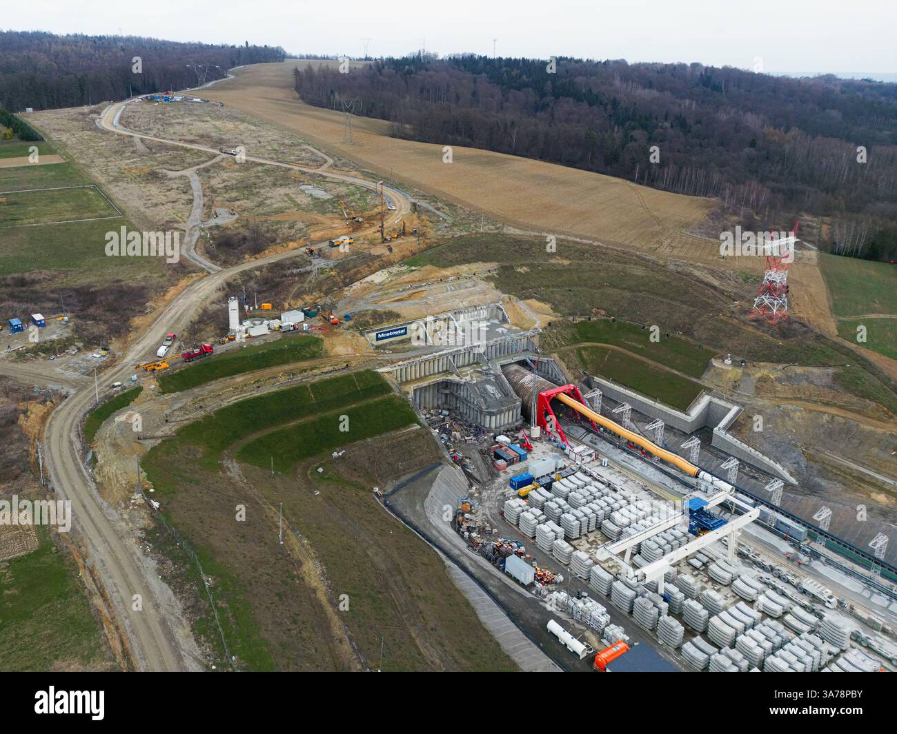 Aerial drone view of the Polish Via Carpathia S19 road tunnel ...