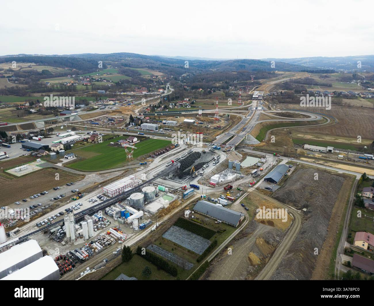 Aerial drone view of the Polish Via Carpathia S19 road tunnel ...