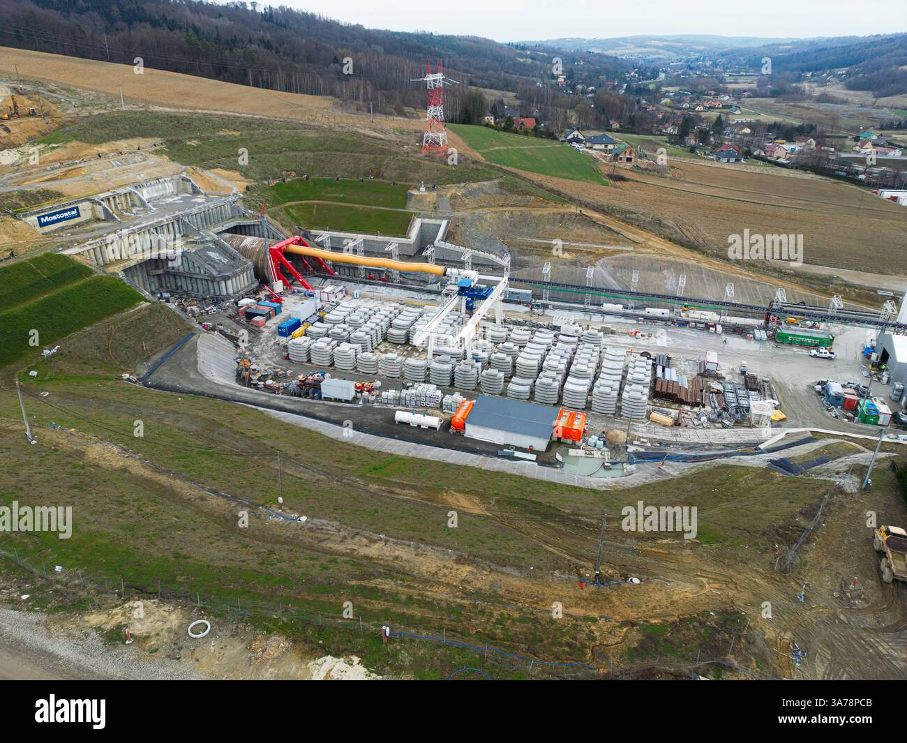 Aerial drone view of the Polish Via Carpathia S19 road tunnel ...
