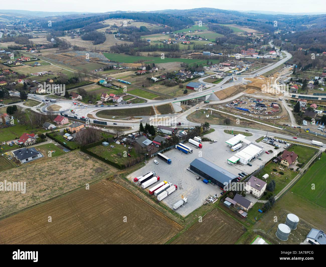 Aerial drone view of the Polish Via Carpathia S19 road tunnel ...