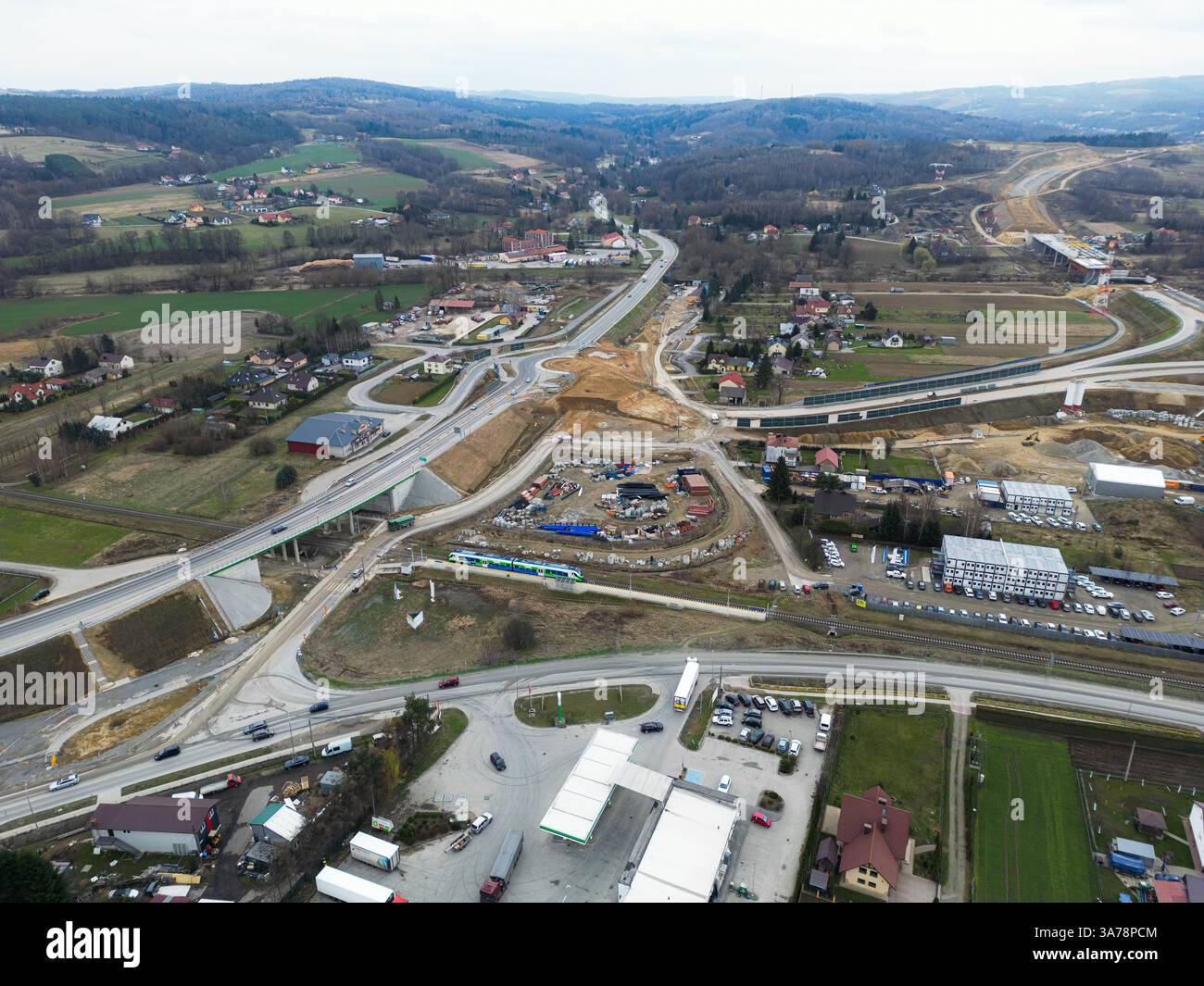 Aerial drone view of the Polish Via Carpathia S19 road tunnel ...