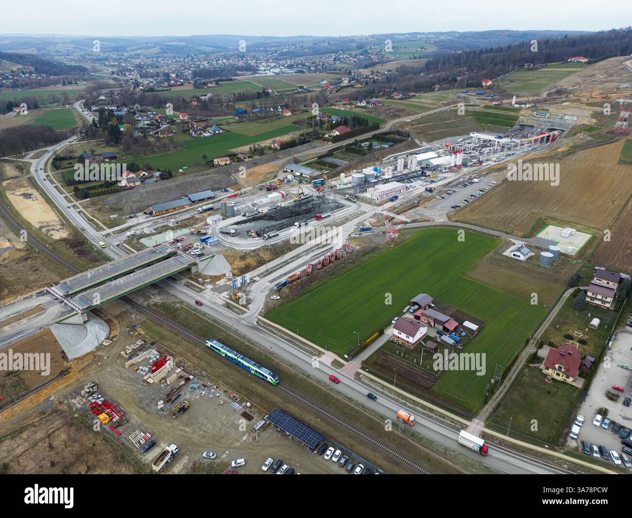 Aerial drone view of the Polish Via Carpathia S19 road tunnel ...