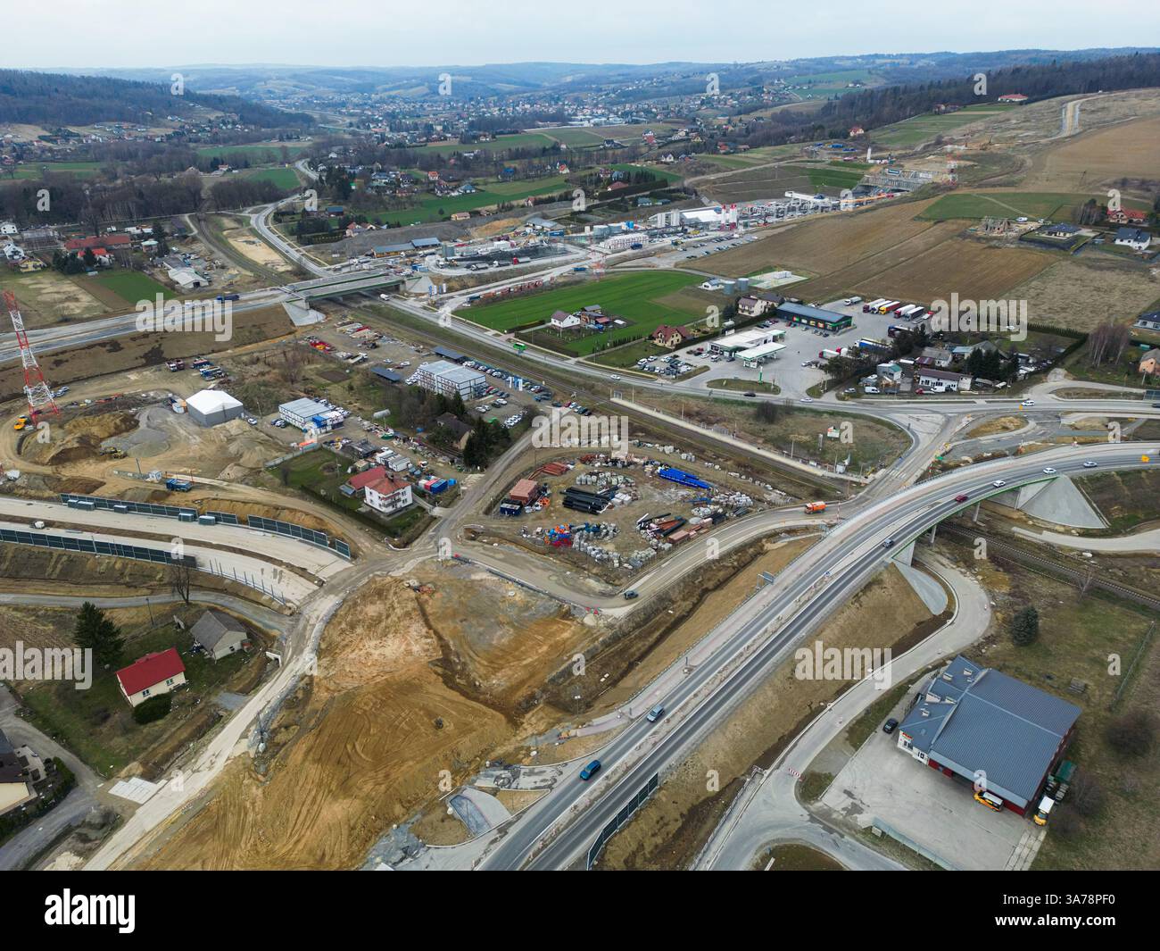 Aerial drone view of the Polish Via Carpathia S19 road tunnel ...