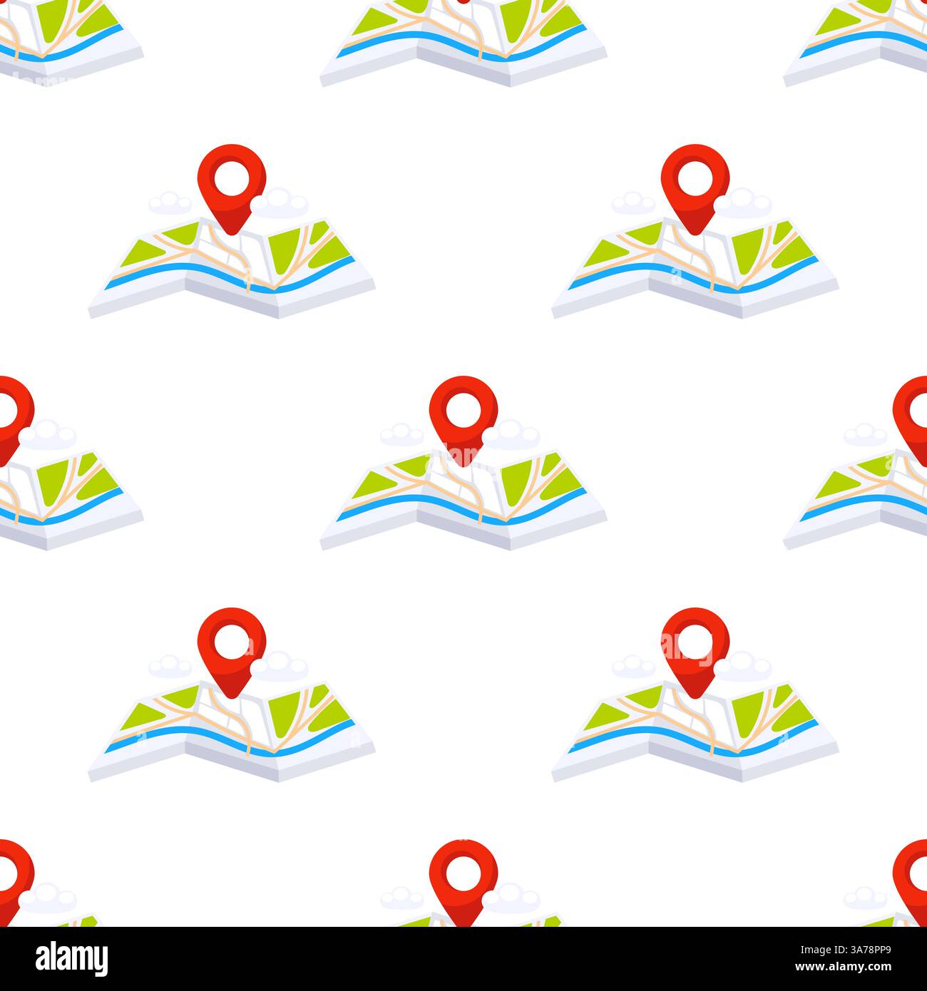 Red Location Pin Marking Destination on Isometric Folded Paper City Map Seamless Pattern Stock ...