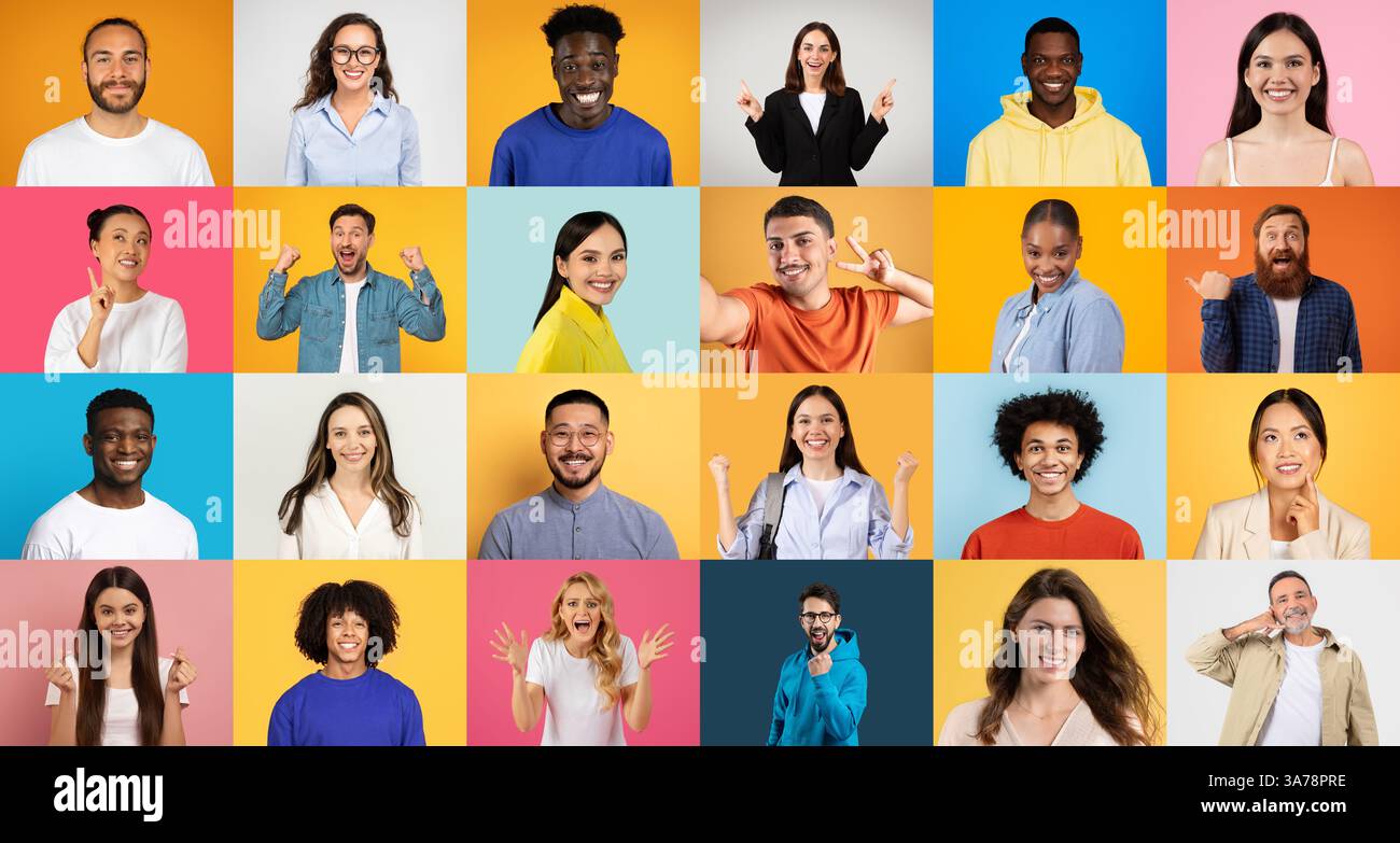 Diverse group of people expressing joy and positivity in a vibrant ...