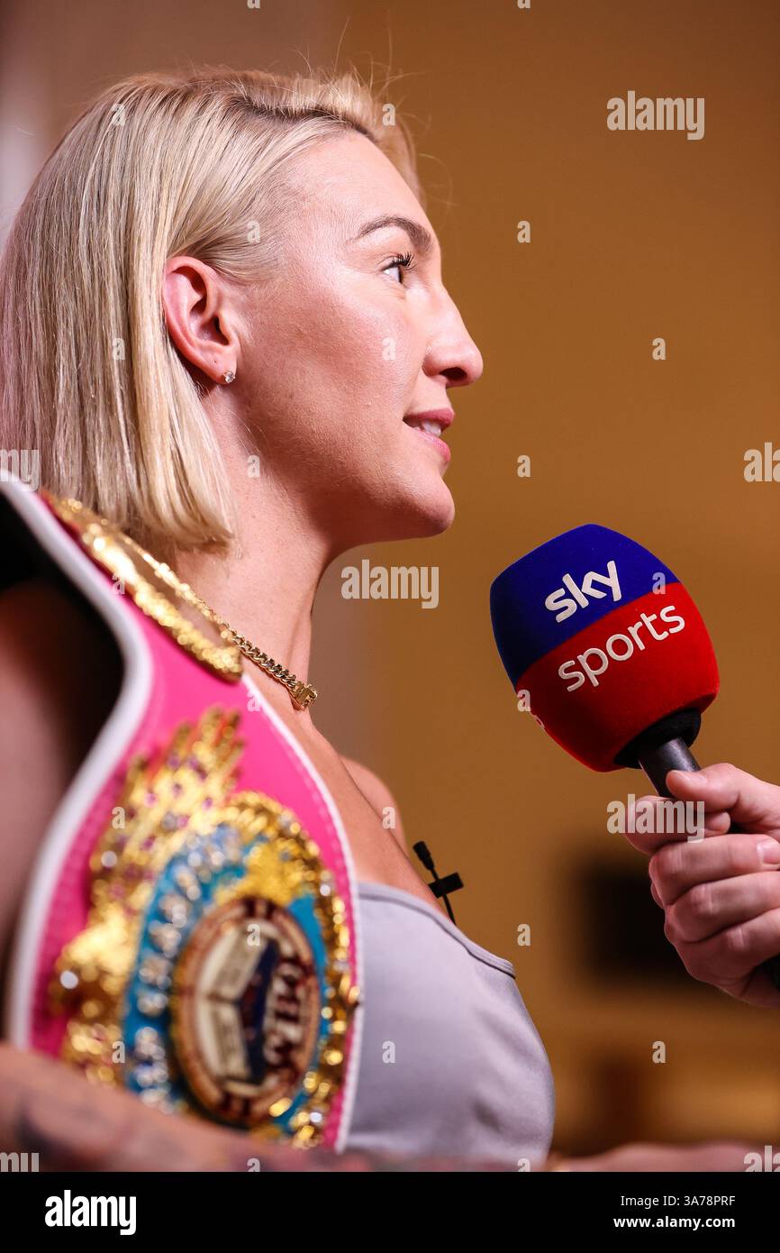 March 26, 2025: WBO welterweight champion Mikaela Mayer speaks to a ...