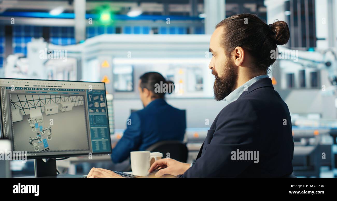 Photovoltaics factory engineer looking over paperwork documents ...