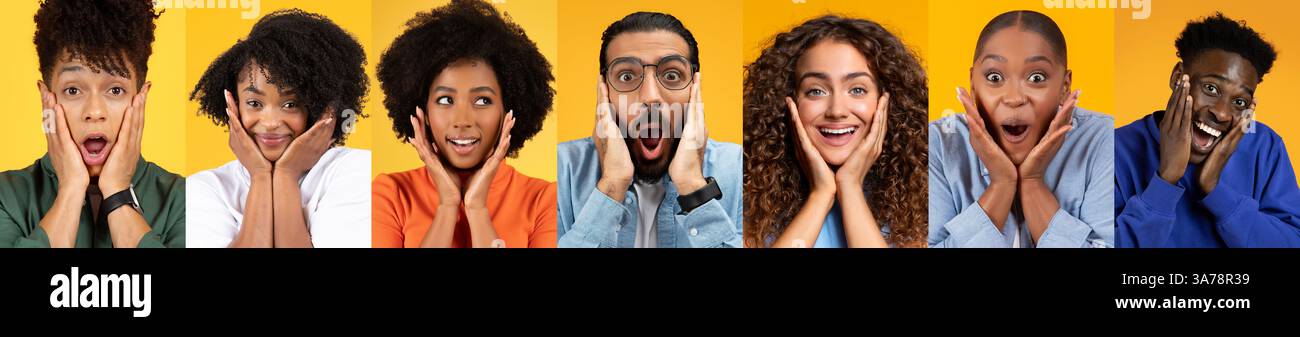 Diverse group of people expressing joy with surprised reactions Stock ...