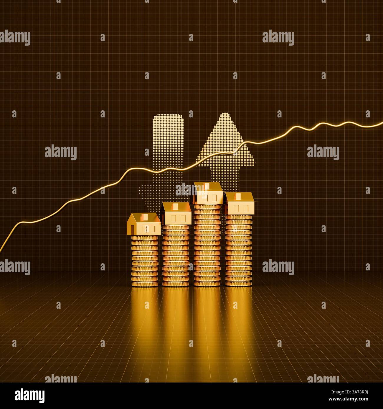 Rising prices for real estate concept: Houses on stacks of gold coins ...