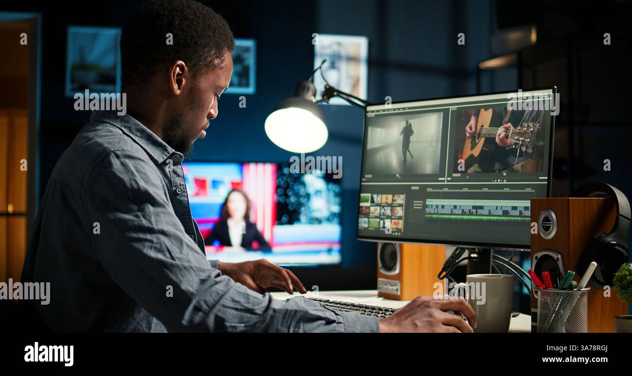 Young filmmaker working on media post production from agency office ...