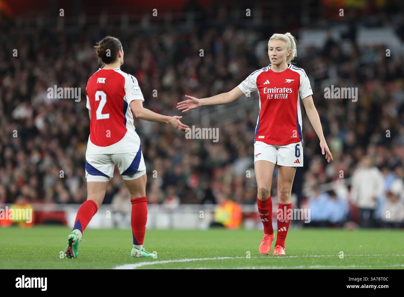 London, UK. 26th Mar, 2025. Emily Fox and Leah Williamson of Arsenal ...