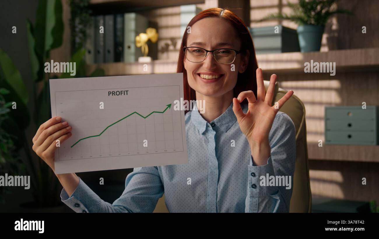 Happy Caucasian woman office girl business investor saleswoman pointing ...