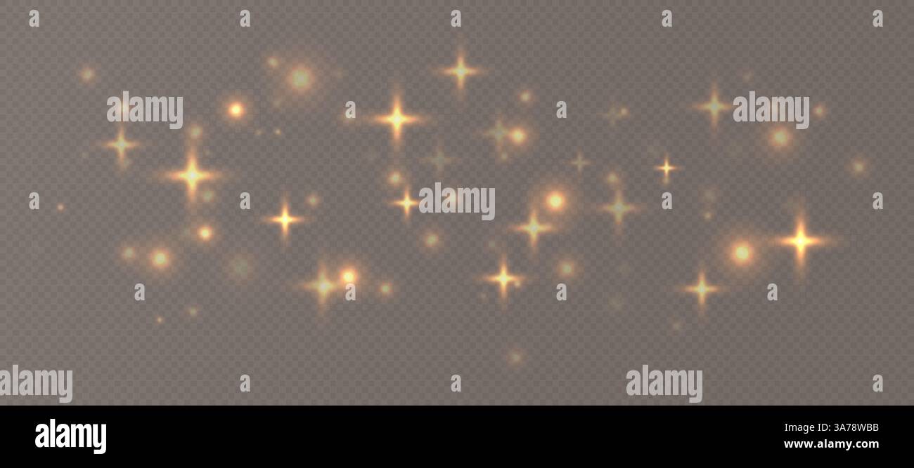 Golden sparkling stars, shiny particles light effect, transparent flying stardust texture Stock ...