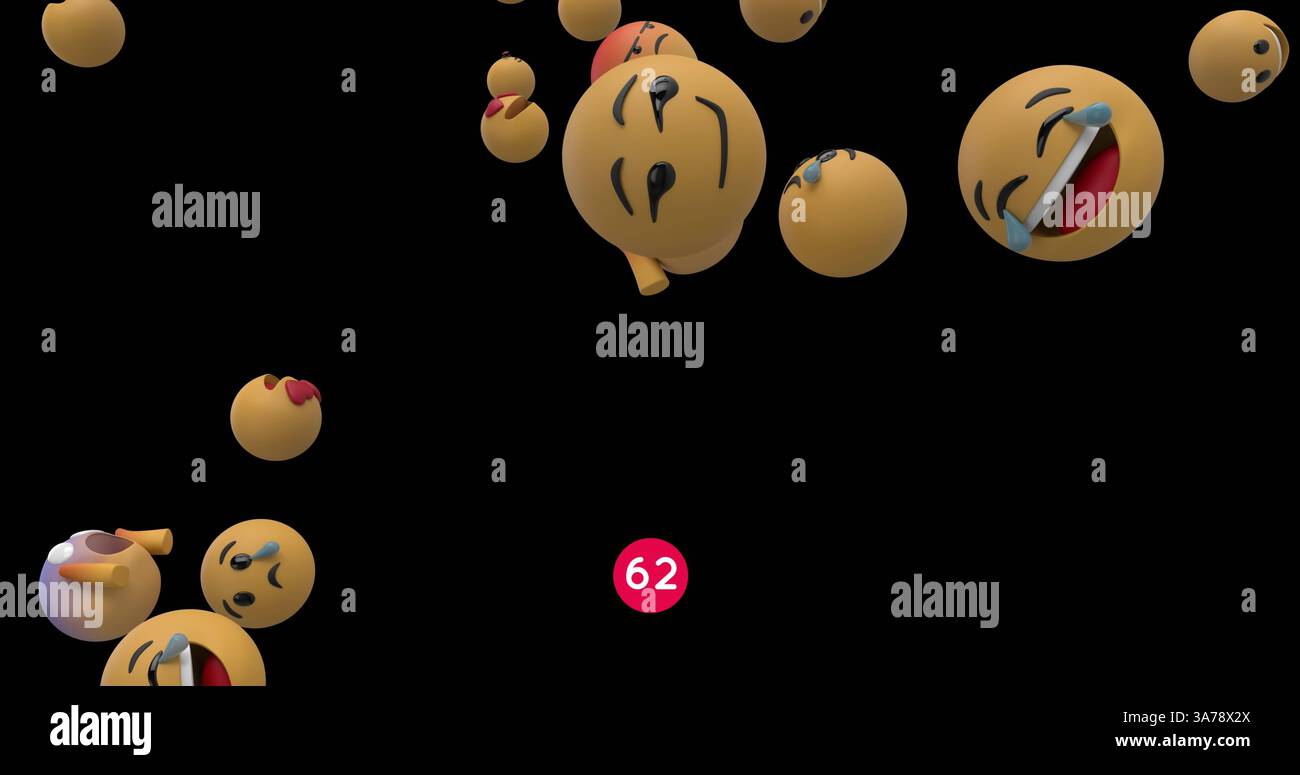 Increasing numbers on round red banner over multiple face emojis ...