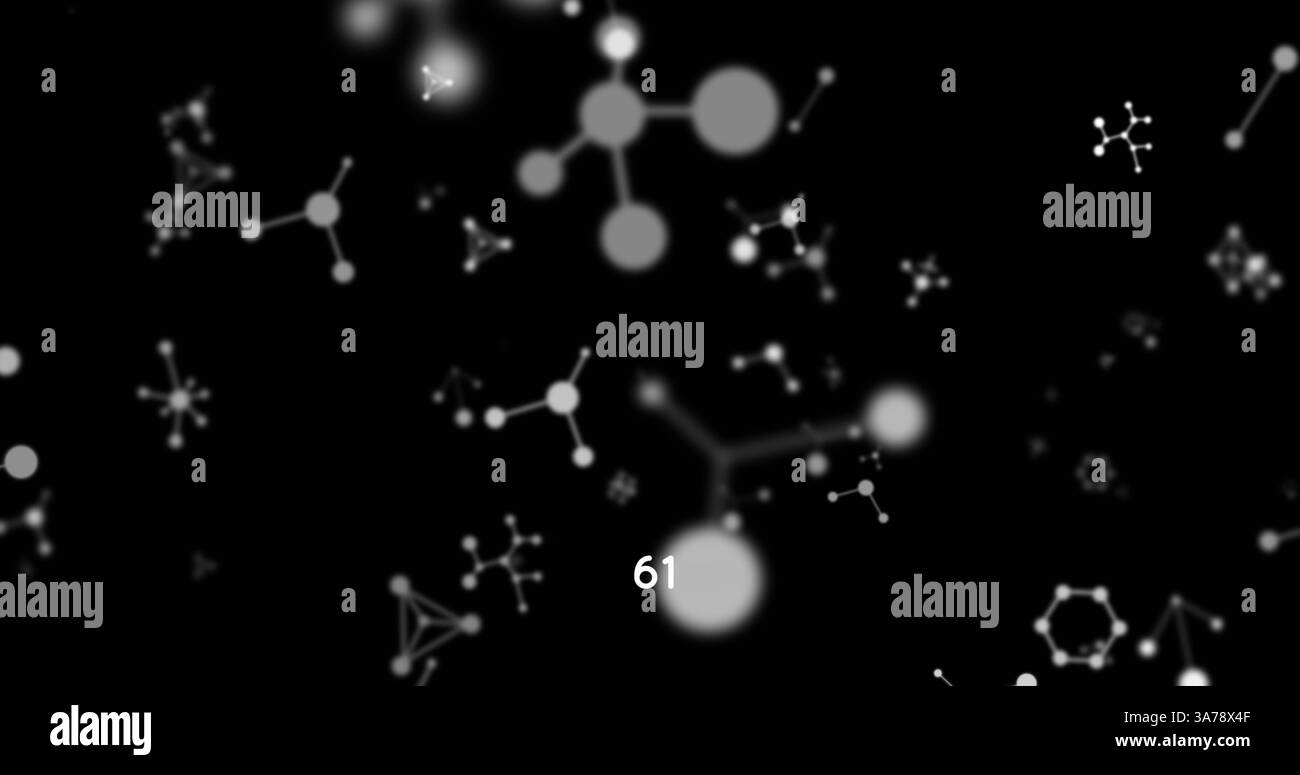 Digital Image Of Increasing Numbers Over Molecular Structures Floating Against Black Background