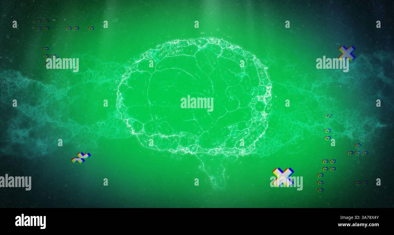 Digital image of abstract shapes over human brain spinning against ...