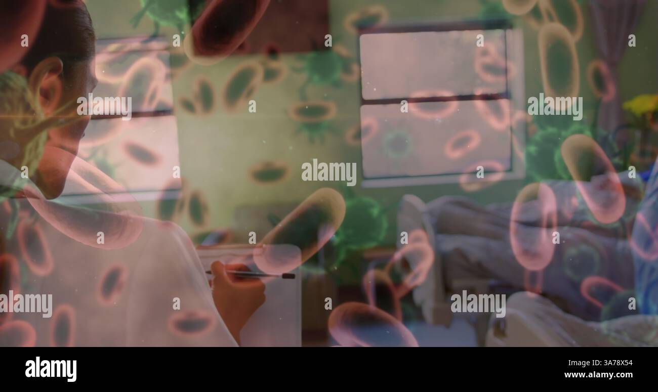 Multiple blood vessels floating against caucasian female doctor walking ...